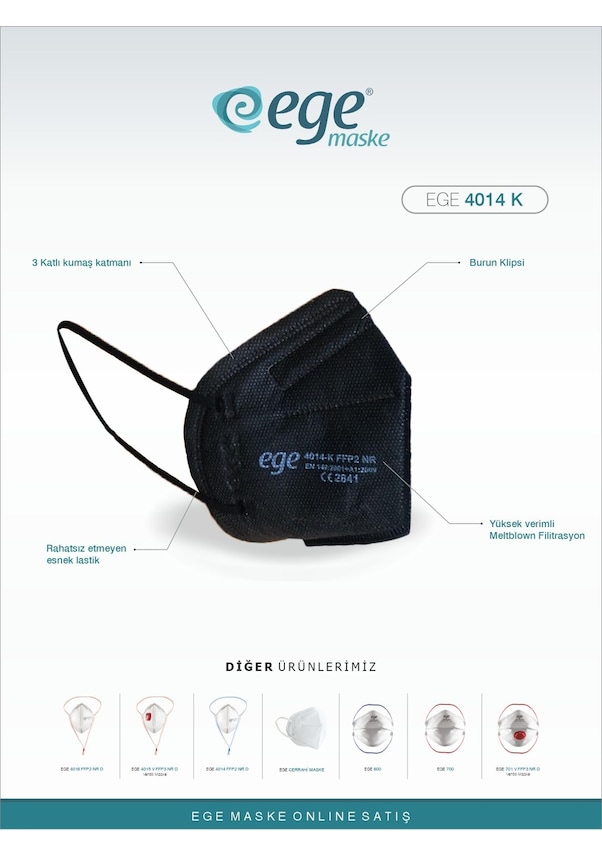Ege Maske 4014-K Ffp2 Nr N95 Ventilsiz Maske 50'li Siyah Fiyatları ve Özellikleri