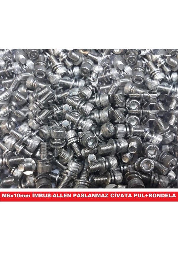 M6X10 Imbus Allen Civata Inox(Paslanmaz Çelik)Rondela ve Pullu 50 Adet ...