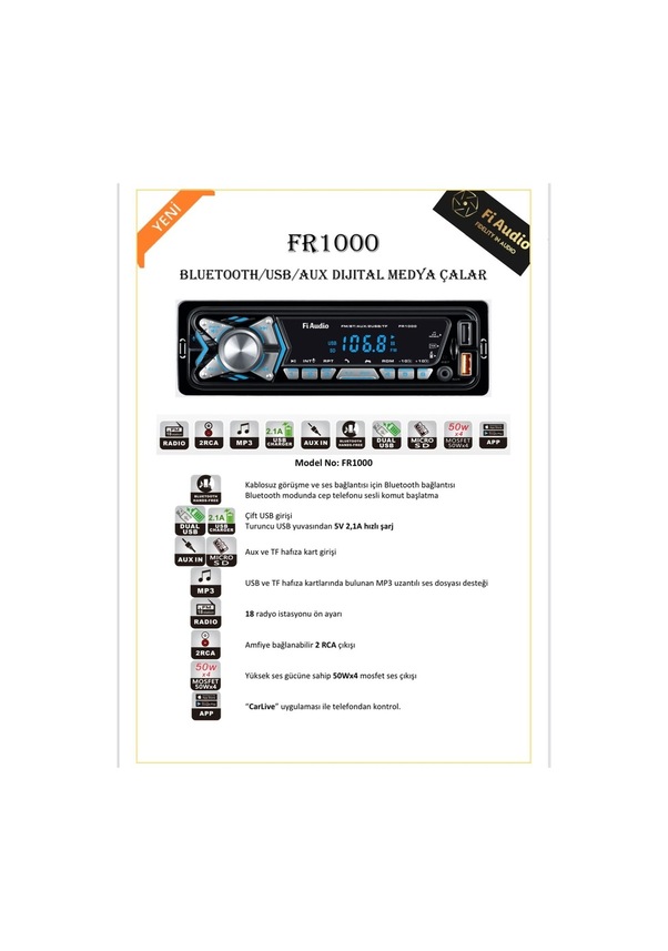 Fi Audio Fr1000 Bluetooth/usb/aux Dijital Medya Çalar Oto Teyp ...