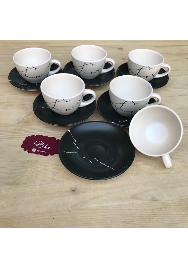 Keramika Çay Nescafe Takımı 12 Parça Mat Siyah Krem Mermer Desen ...