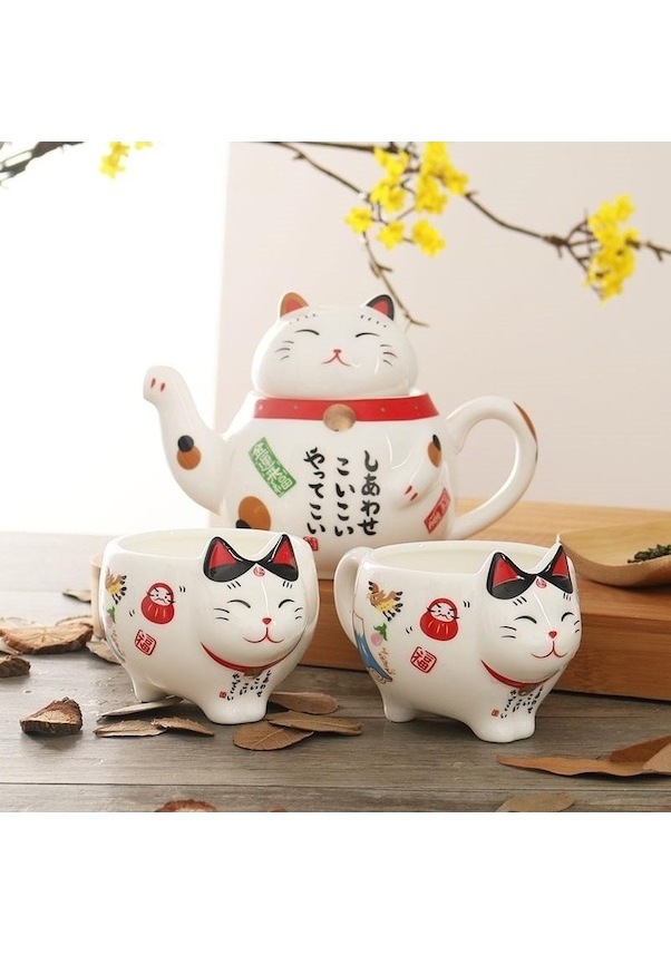 Sevimli Japon Şanslı Kedi Porselen Çay Seti Yaratıcı Maneki Neko ...