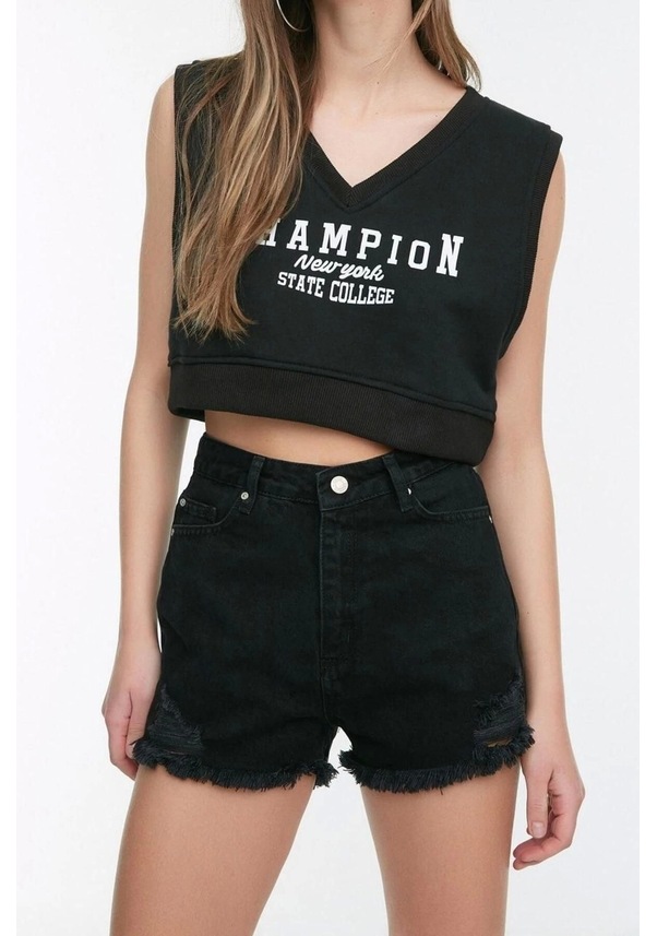 Moda Denim Normal Bel Boru Paça Gündelik Siyah Yırtıklı Mini Şort Siyah ...