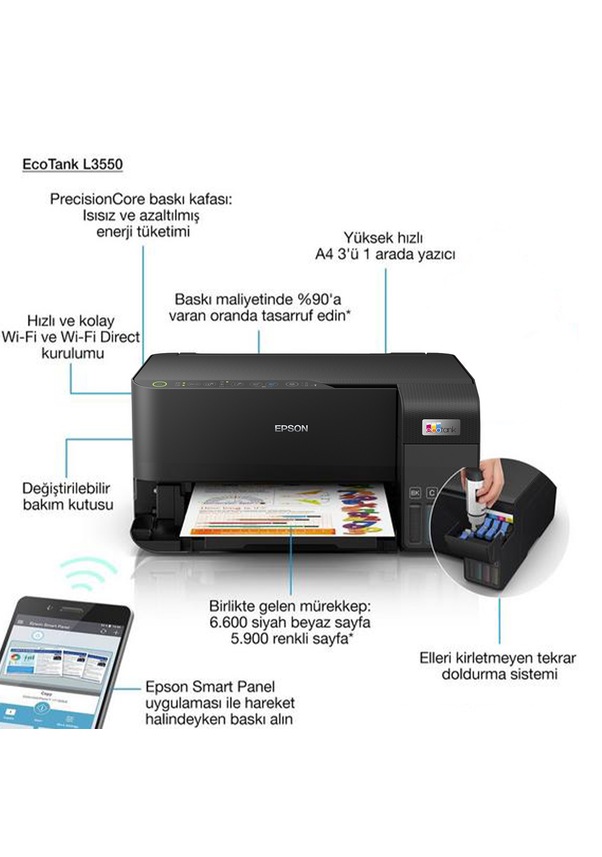 Epson Eco Tank L3550 Mürekkep Tanklı Fonksiyonlu Yazıcı Fiyatları ve ...