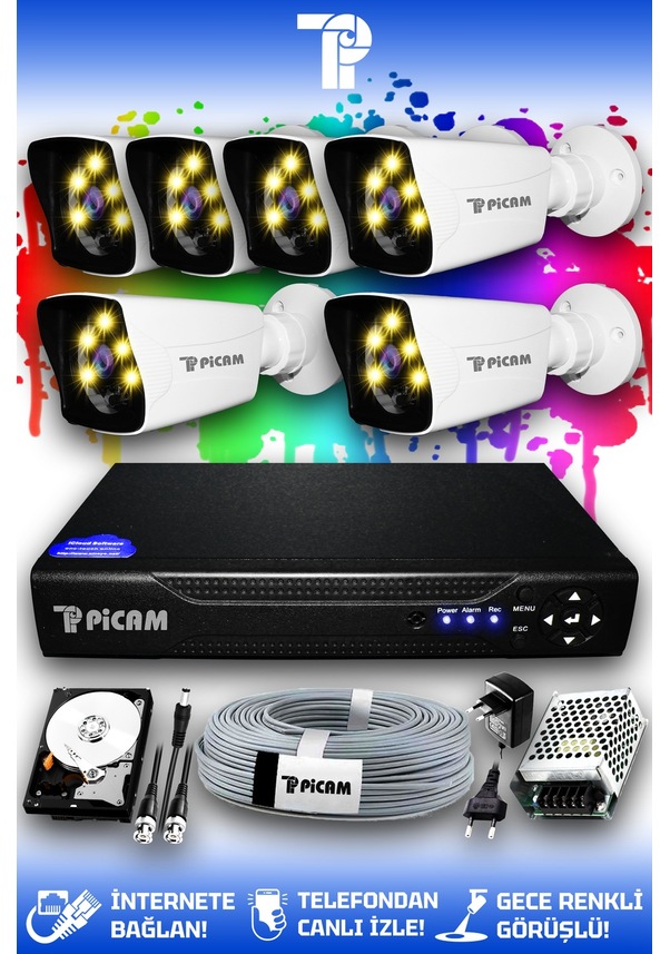 Picam 6 Kameralı Kare 6 Dış Kamera Set 320 GB HDD Full HD Renkli Gece ...