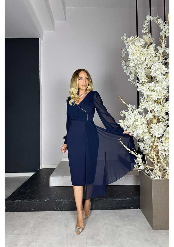 G0983 Taş Detaylı Şifon Kollu Abiye Elbise Lacivert-lacivert 46 Fiyatları ve Özellikleri