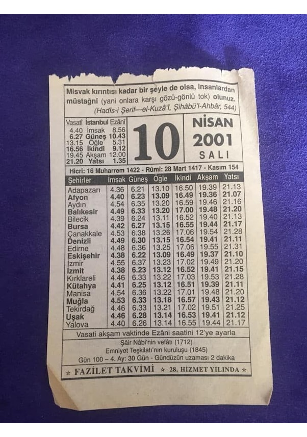 10 Nisan 2001 Takvim Yaprağı - Nostalji Koleksiyonluk Takvim Yaprağı B ...