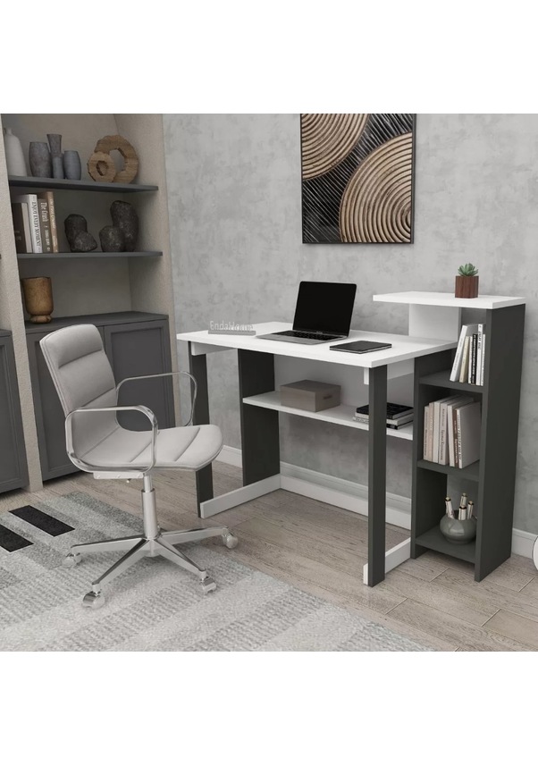 Reyo Home Enda Saye 5 Raflı Kitaplıklı Çalışma Masası Antrasit - Beyaz ...