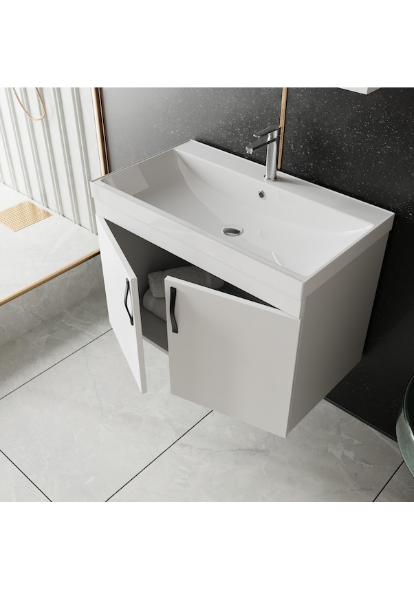 Karen Banyo Ege 80 Cm Lavabolu Alt Banyo Dolabı, Kapaklı Banyo Alt Dolabı,seramik Lavabo Dahil ...