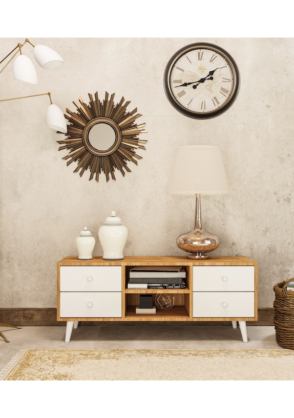 Merlin Mobilya Suit 4 Çekmeceli 6 Bölmeli Beyaz-Bambu Tv Ünitesi ...