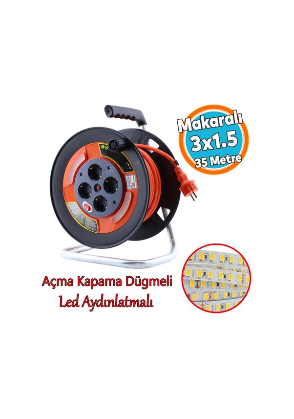 Plastik Makaralı 35 Metre Seyyar Cca Kablo 4 Prizli Monofaze Uzatma Kablosu 3x1.5 Mm Ttr Kablo ...