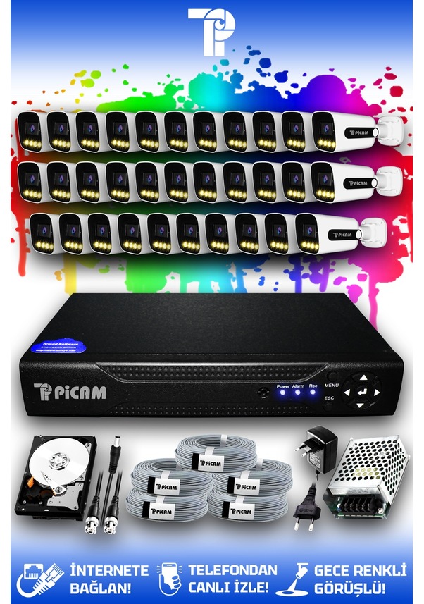 Picam 32 Kameralı Zebra 32 Dış Kamera Set 320 GB HDD Full HD Renkli ...