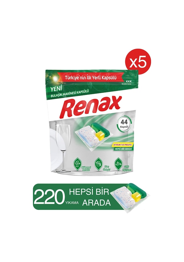 Renax Hepsi Bir Arada Bulaşık Makinesi Deterjanı 5 x 44 Tablet ...