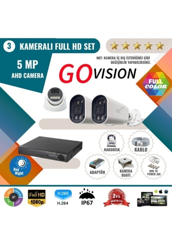 Go Vision 3'lü 5mp Ahd Kamera Seti Full Color, 360mm Lensli, Gece ...