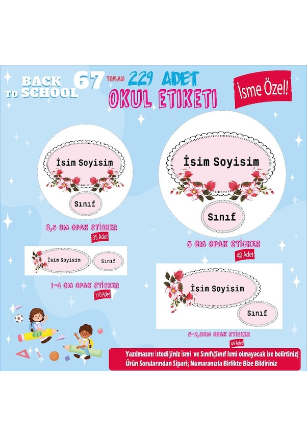 Okul Etiketi Kalem Defter Etiketi Özel İsim Yazılabilen Etiket Seti ...