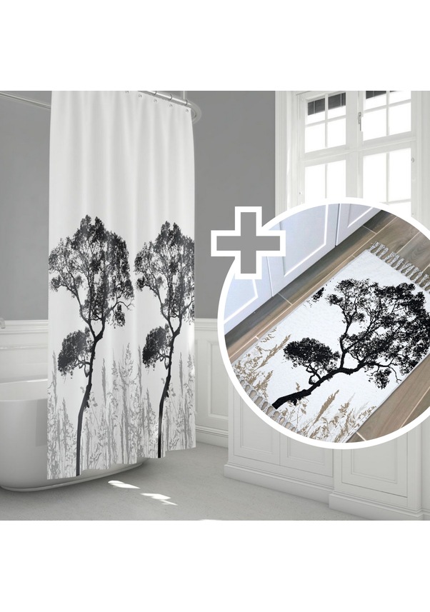 Ağaç Desen Banyo Perde+Paspas Seti-Kaymaz Taban Kapı Önü Paspas Seti ...