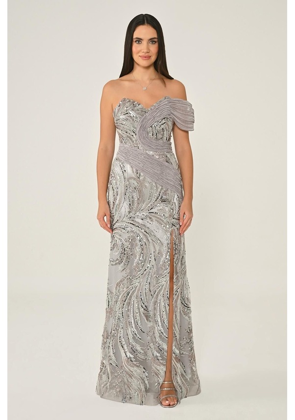 Alfa Beta Tek Düşük Omuz Yandan Yırtmaçlı Payet Uzun Abiye Elbise Gri ...