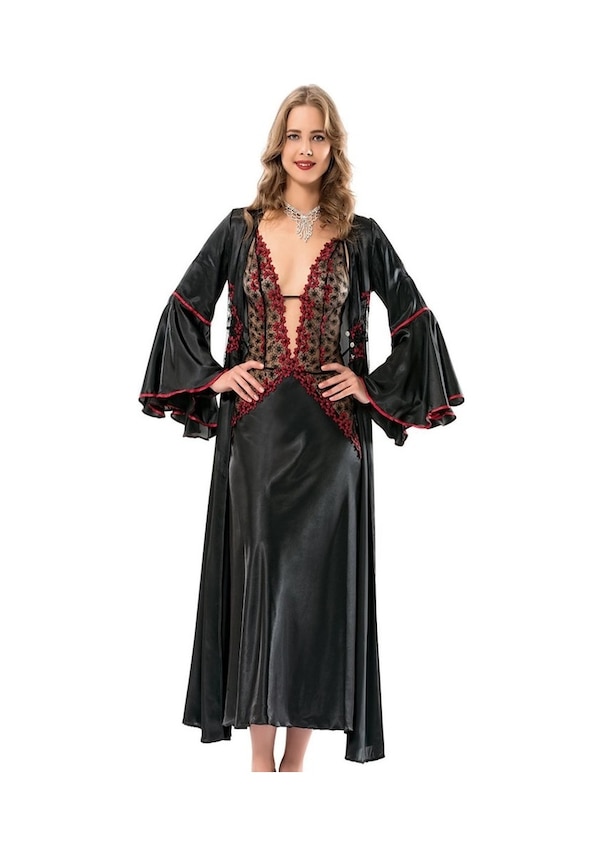 Kadın 1112 Nakış Detaylı Dekolteli Saten Gecelik Sabahlık Takımı L ...