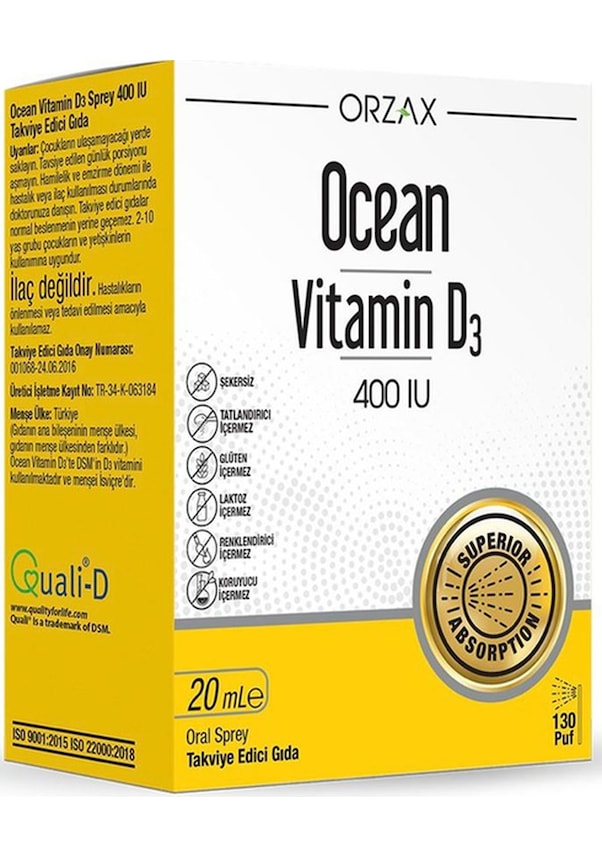 Orzax Ocean Vitamin D3 400 IU Sprey 20 ML Fiyatları ve Özellikleri