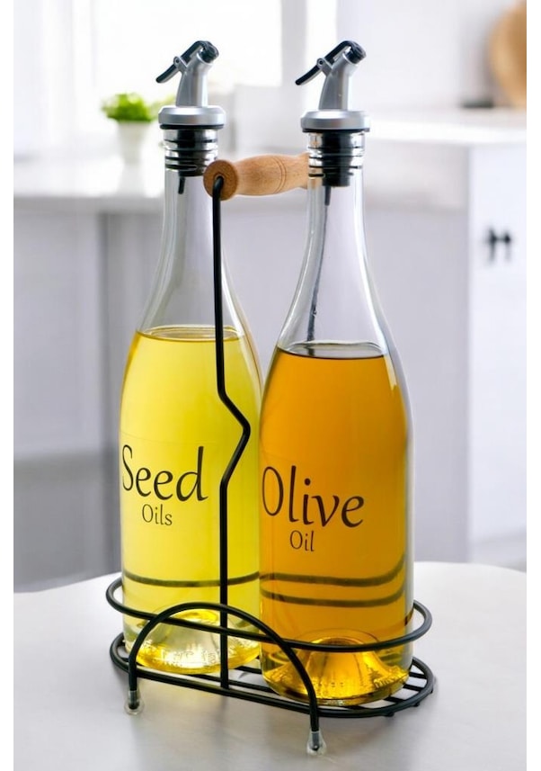 Digithome Pure 2'li Siyah Metal Standlı Ahşap Saplı Yağdanlık Seti Şeffaf Etiketli Cam Yağlık ...