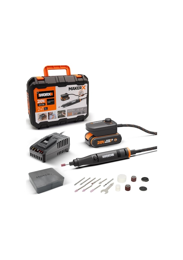 Worx WX739 MakerX 20Volt 2.0Ah Kömürsüz Profesyonel Kalem Tipi Devir Ayarlı Gravür Seti + 34 ...