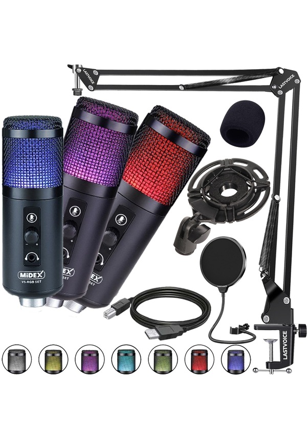 Midex V5 RGB Set USB Oyuncu ve Yayıncı Mikrofonu Condenser Stüdyo ...
