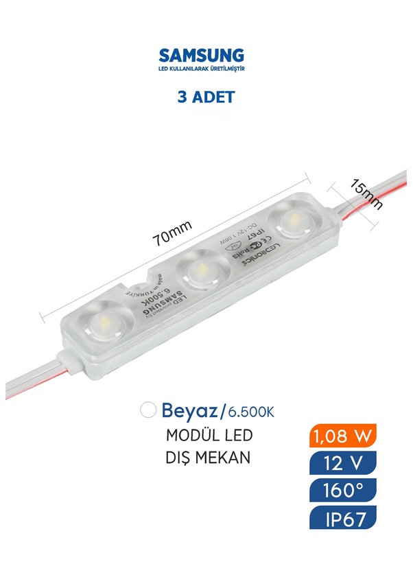 3 Adet12v Vidalı Suya,toza Dayanıklı Ip67 6500k Beyaz Modül Led Fiyatları ve Özellikleri