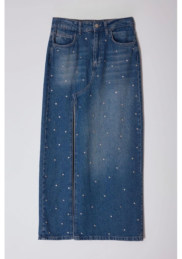 Modern Tarz Astarsız Denim Maxi Boy Limited Edition Taşlı Yüksek Bel ...