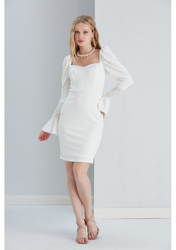 Kadın Güpür Detay Volanlı Uzun Kol Midi Boy Beyaz Abiye Nikah Elb Beyaz 50 - 52 Fiyatları ve ...