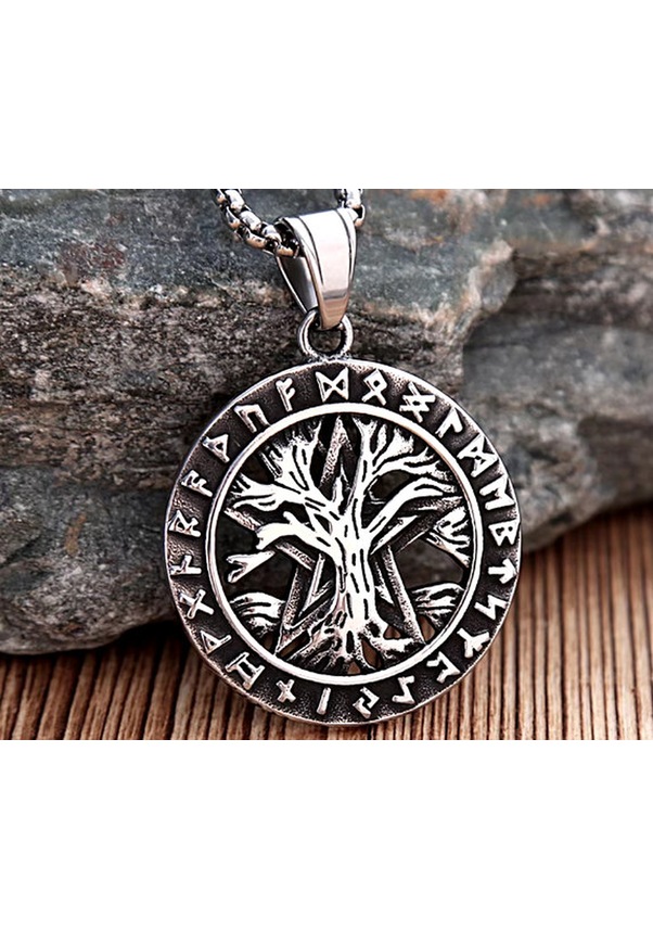 Paslanmaz Çelik Yggdrasil Viking Rune Alfabe Yaşam Ağaç Kolye Gümüş ...