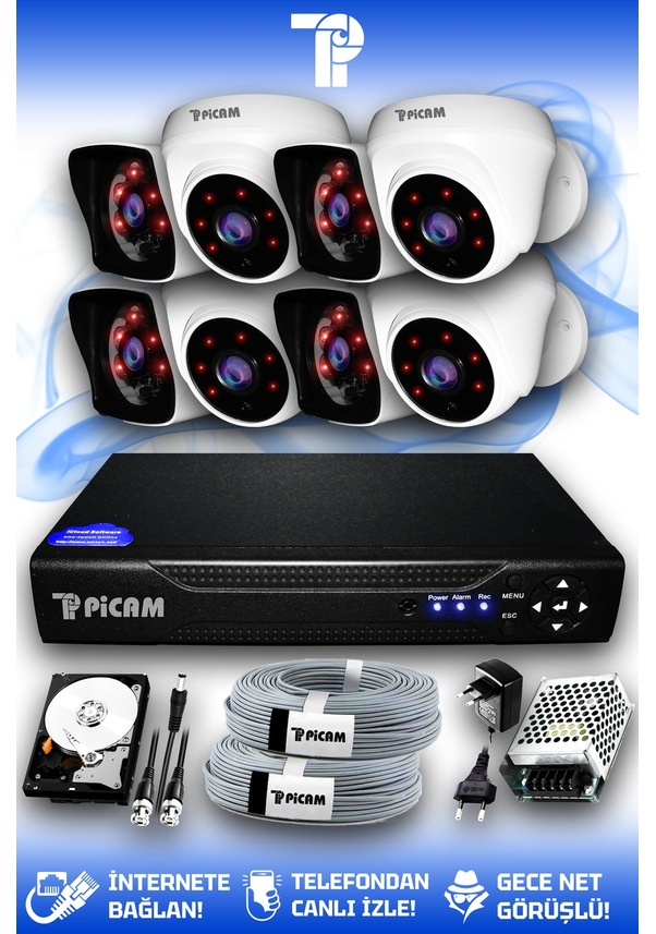 Picam 8 Kameralı Kare 4 İç Kamera Set 500 GB HDD Full HD Gece Görüşlü ...
