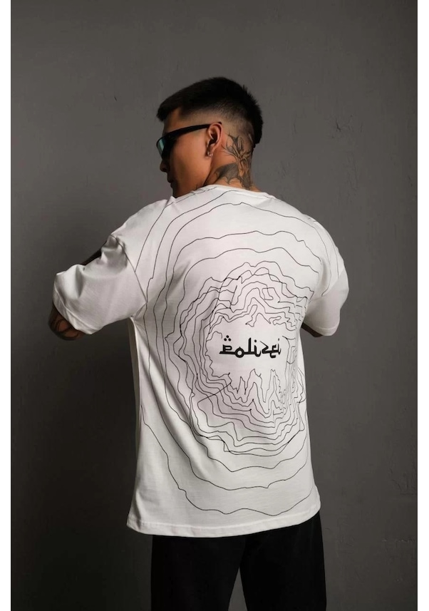 Erkek Bisiklet Yakalı Sırt Baskılı Oversize T-shirt - Beyaz 001 Beyaz ...