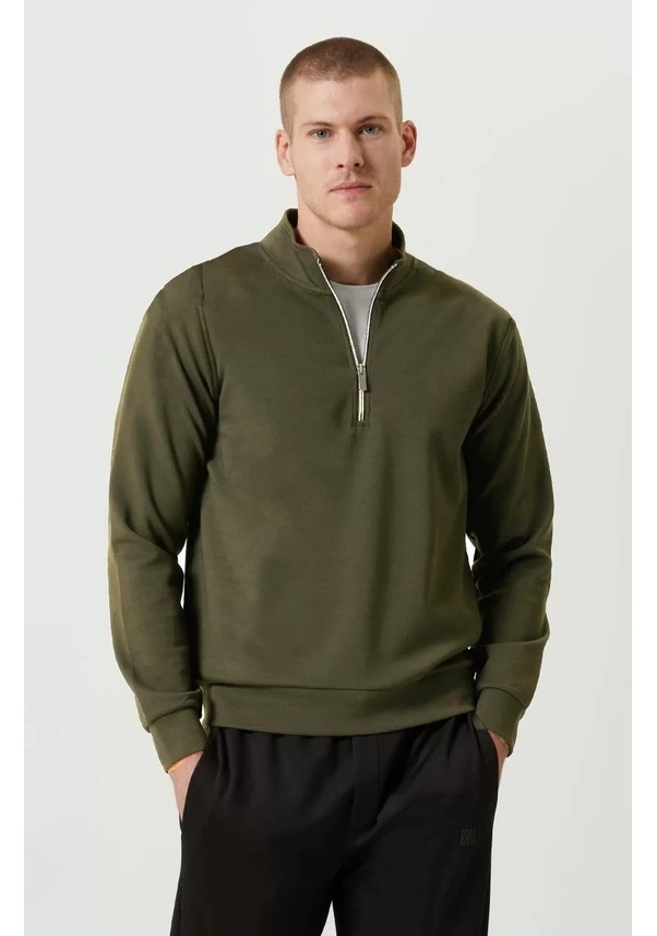 Unisex Uzun Kol Yarım Farmuarlı Yakalı Basic Sweatshirt - Haki 001 Haki ...