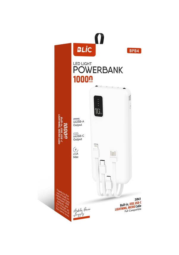 Blic Bpb4 10.000mah Led Işıklı Powerbank Beyaz 4 Cihaz Aynı Anda Şarj Dahili 3in1 Kablo BEYAZ ...