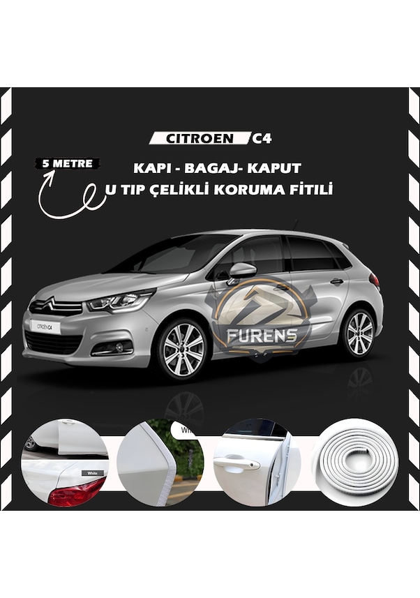Citroen C4 Oto Araç Kapı Koruma Fitili 5metre Parlak Beyaz Renk ...