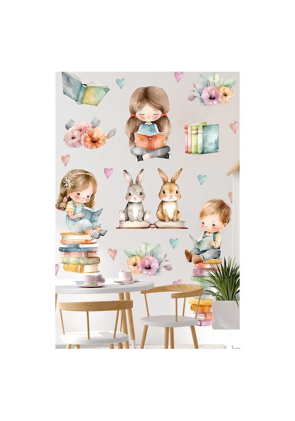 MSticker Kitap Okuyan Çocuklar Duvar Cam Sticker Seti, Çocuklar ...