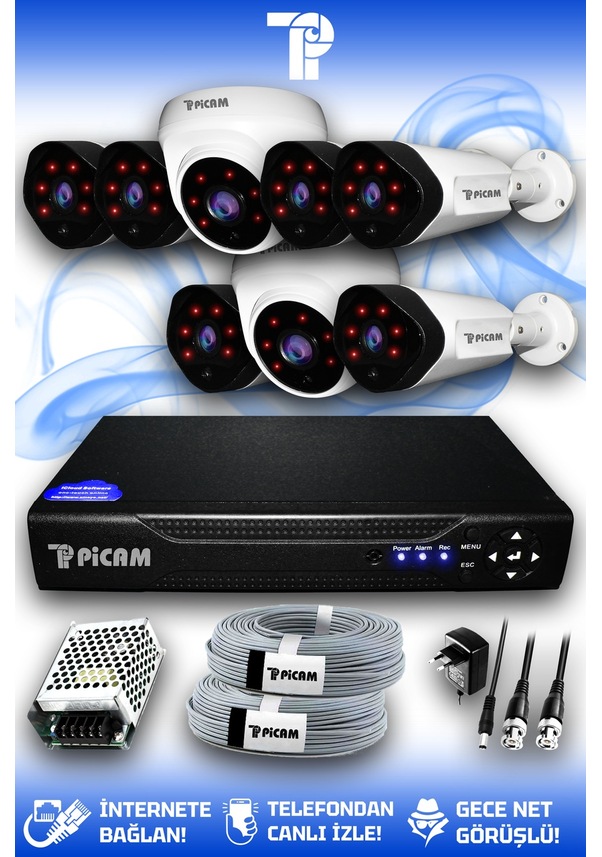 Picam 8 Kameralı Uzay 2 İç Kamera Set HDD'siz Full HD Gece Görüşlü ...
