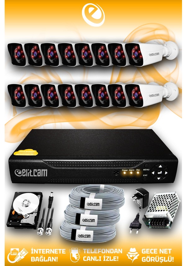 Elitcam 16 Kameralı Kare 16 Dış Kamera Set 320 GB HDD Full HD Gece Görüşlü Güvenlik Kamerası ...