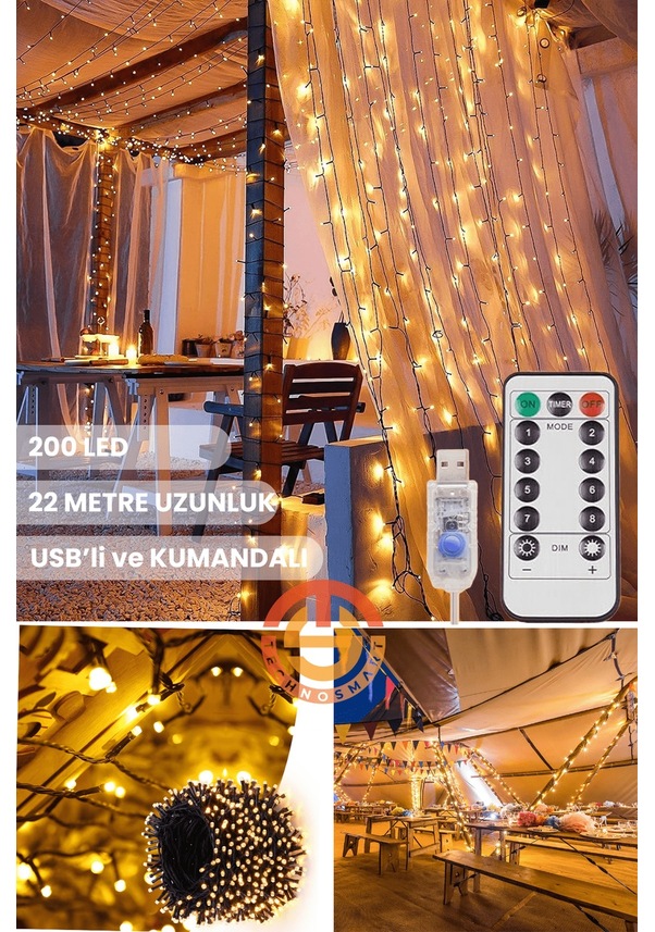 Technosmart 200 Ledli Usbli Kumandalı 8 Modlu Şerit Led Işık Parti Süsleme Organizasyon Sarı ...