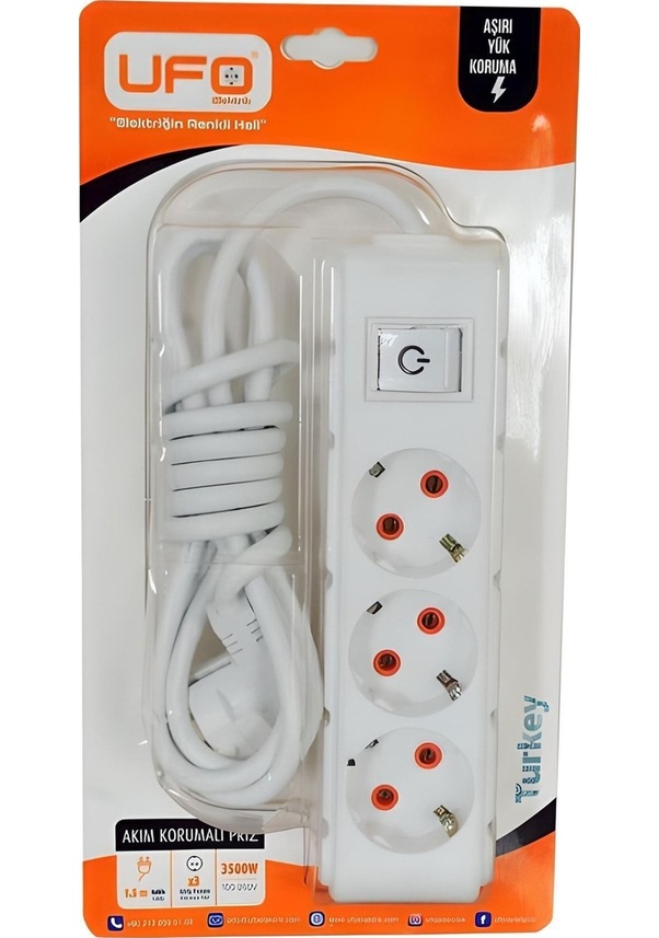3500w Akım Korumalı Anahtarlı Kablolu 1.5 Metre Üçlü Grup Priz Beyaz ...
