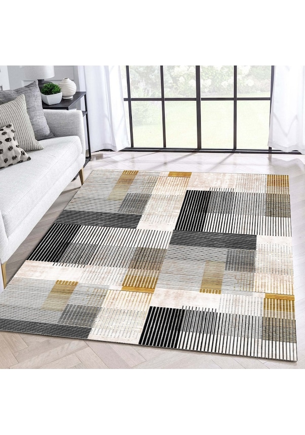 Armolin Turuncu Detay Siyah Çizgili Desenli Lastikli Halı Örtüsü ...