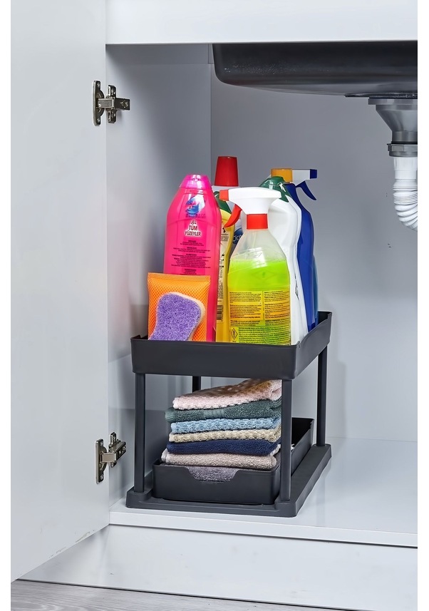 Origa 2 Katlı Siyah Düzenleyici Sürgülü Mutfak Rafı Banyo Rafı, Dolap Tezgah Altı Evye Altı ...