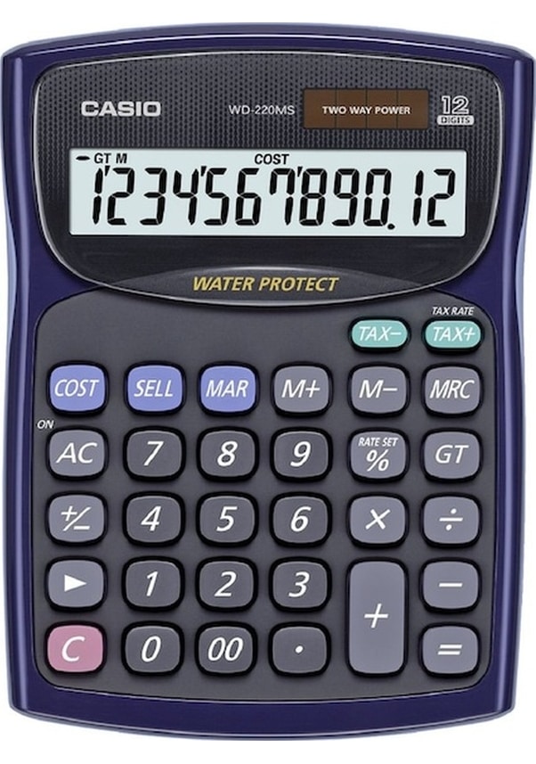 Casio Wd-220Ms-Bu 12 Hane Suya-Toza Dayanıklı Masaüstü Hesap Makinesi Siyah Fiyatları ve Özellikleri