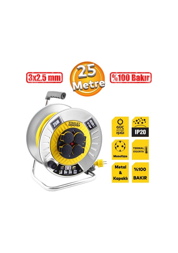 Metal Makaralı Seyyar %100 Bakır Kablo 4 Prizli Kapaklı Uzatma Kablosu 3x2.5 Mm H05vv-f 25 Metre ...