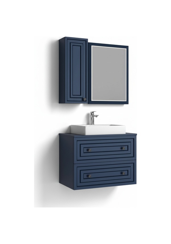 Perge 80 Cm Lavabo Dolabı Mat Safir Blue Led Ayna Ve Ayna Yan Dolap ...