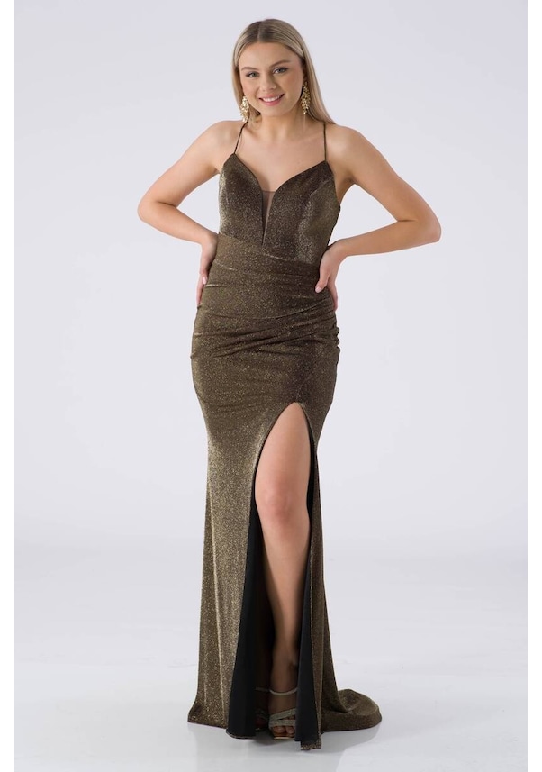 Derin Yırtmaçlı İnce Askılı Abiye Gold 40 Fiyatları ve Özellikleri