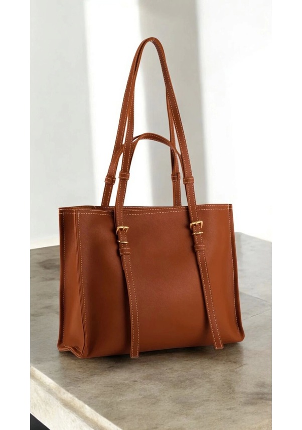 Norma Taba Cilt Dikiş Detaylı Çift Askılı Kadın Omuz Çantası Taba Cilt ...