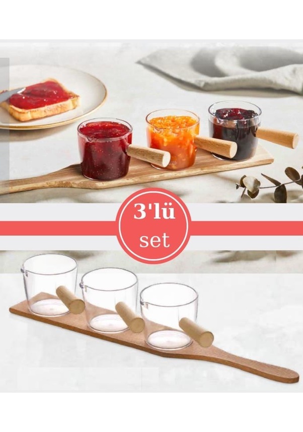 Flosoft Ahşap Stantlı Ahşap Saplı 3 Lü Mika Sosluk Takımı, Sos Reçel ...