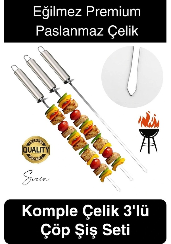 3 Adet 40 Cm Premium Paslanmaz Çelik Saplı Izgara Şişleri Et Tavuk ...
