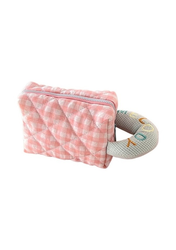 Hannah Peach Krem Puf Kalem Çantası Ekose Kumaş Peluş Saklama Çantası ...