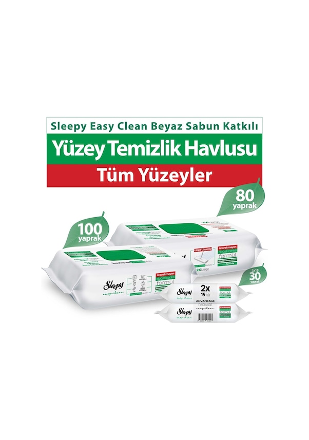 Sleepy Easy Clean Beyaz Sabun Katkılı Yüzey Temizlik Havlusu 100+2x15 Yaprak + Mopa Uyumlu 80 ...